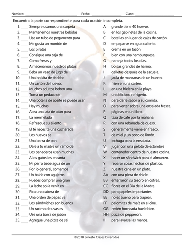 Container Words Sentence Match Spanish Worksheet | Teaching Resources