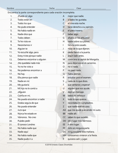 Indefinite Pronouns Sentence Match Spanish Worksheet | Teaching Resources