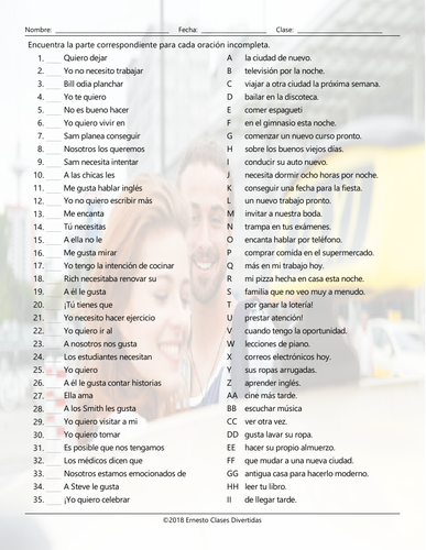 Infinitives Sentence Match Spanish Worksheet | Teaching Resources