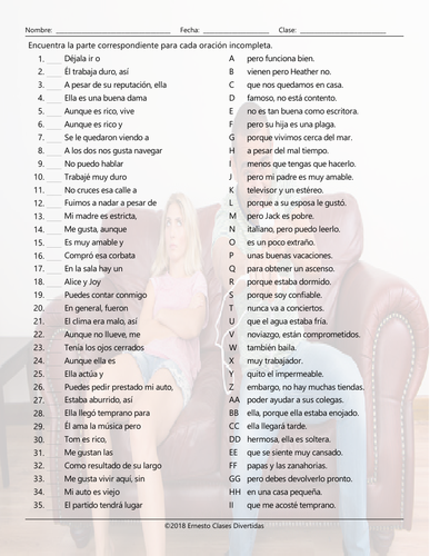 Linking Words and Connectors Sentence Match Spanish Worksheet ...