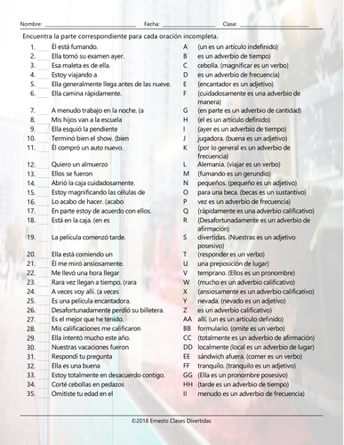 Parts of Speech Sentence Match Spanish Worksheet | Teaching Resources