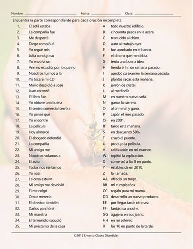 Past Simple Tense with Irregular Verbs Sentence Match Spanish Worksheet ...