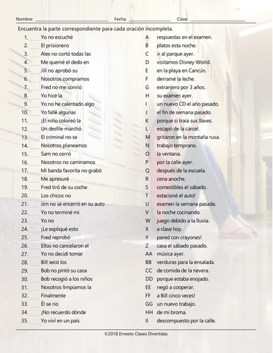 Past Simple Tense with Regular Verbs Sentence Match Spanish Worksheet ...