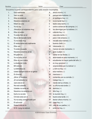 Present Simple with Verbs Estar and Ser Sentence Match Spanish ...