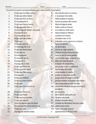 Reported Speech Sentence Match Spanish Worksheet | Teaching Resources