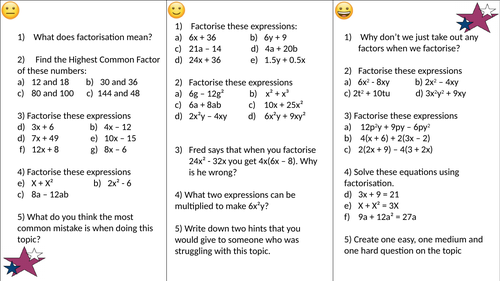 Factorising/factorisation differentiated worksheet | Teaching Resources