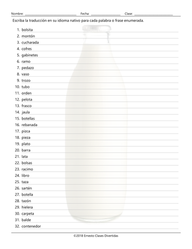 Container Words Translating Spanish Worksheet | Teaching Resources