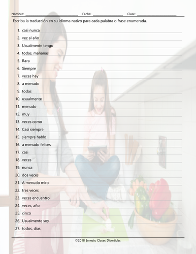 Frequency Adverbs Translating Spanish Worksheet | Teaching Resources