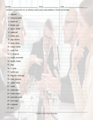 Indefinite Pronouns Translating Spanish Worksheet | Teaching Resources