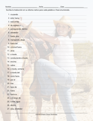 Movement Prepositions Translating Spanish Worksheet | Teaching Resources