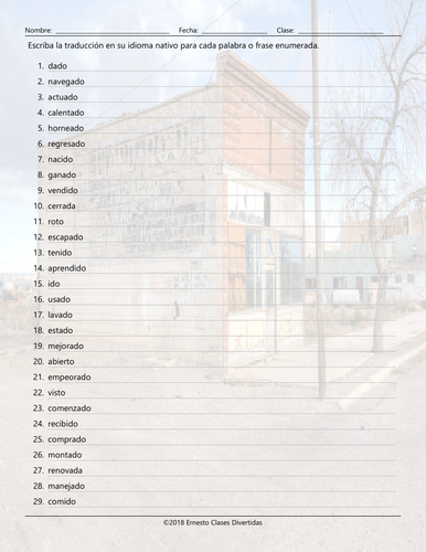 Present Perfect Tense Translating Spanish Worksheet | Teaching Resources