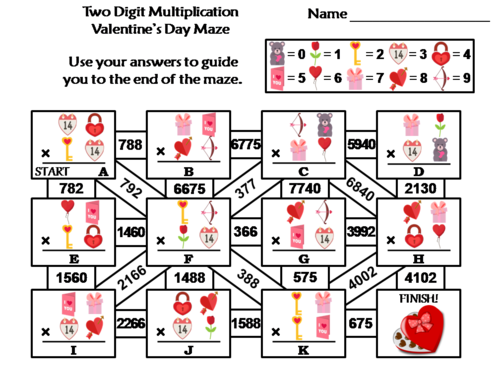 Two Digit Multiplication Activity: Valentine's Day Math Maze | Teaching ...