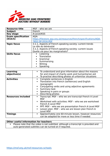 MSF - who we are | French | A Level | MSF | Teaching Resources