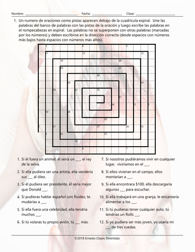 Conditional Sentences Type 2 Word Spiral Spanish Worksheet | Teaching ...