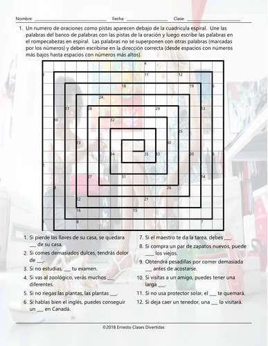 Conditional Sentences Types 0 and 1 Word Spiral Spanish Worksheet ...