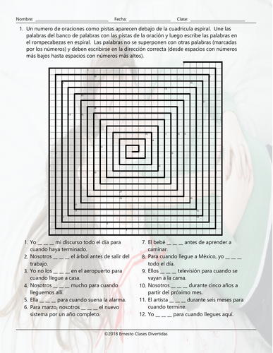 Future Perfect Continuous Tense Word Spiral Spanish Worksheet ...