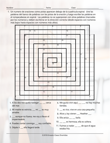 Linking Words and Connectors Word Spiral Spanish Worksheet | Teaching ...