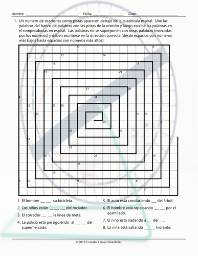 Movement Prepositions Word Spiral Spanish Worksheet | Teaching Resources