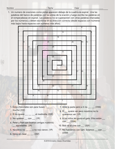 Object Pronouns Word Spiral Spanish Worksheet | Teaching Resources