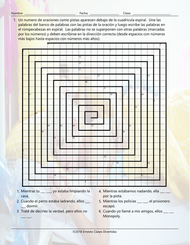 Past Continuous Tense Word Spiral Spanish Worksheet | Teaching Resources