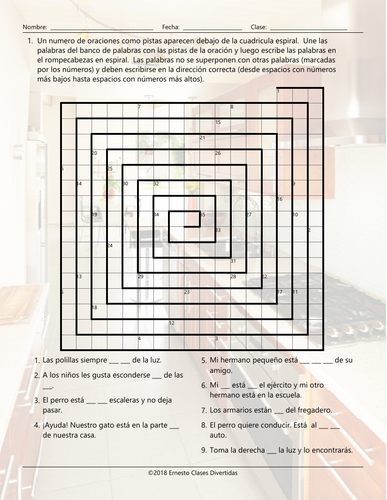 Place Prepositions Word Spiral Spanish Worksheet | Teaching Resources