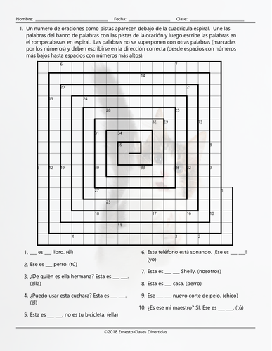 Possessive Adjectives Word Spiral Spanish Worksheet | Teaching Resources
