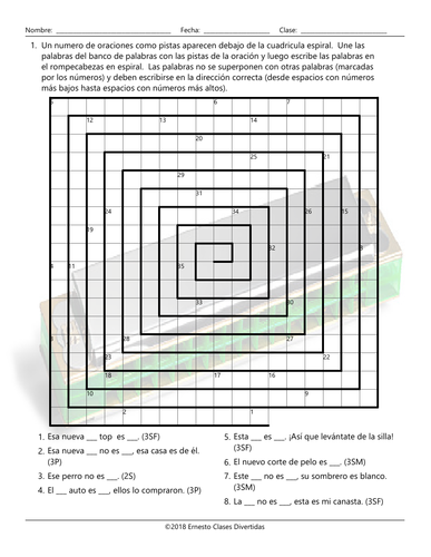 Possessive Pronouns Word Spiral Spanish Worksheet | Teaching Resources