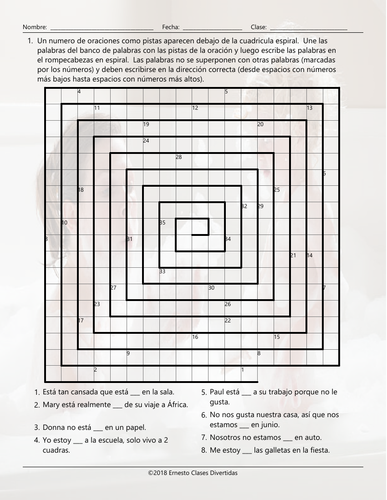 Present Continuous Tense Word Spiral Spanish Worksheet | Teaching Resources