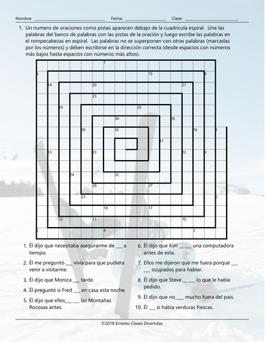 Reported Speech Word Spiral Spanish Worksheet | Teaching Resources