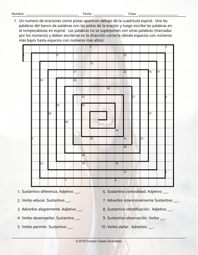 Word Forms Word Spiral Spanish Worksheet | Teaching Resources