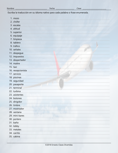 Airports and Hotels Translating Spanish Worksheet | Teaching Resources
