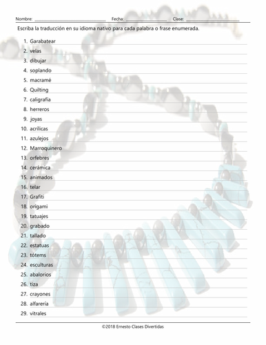 Art Forms Translating Spanish Worksheet | Teaching Resources