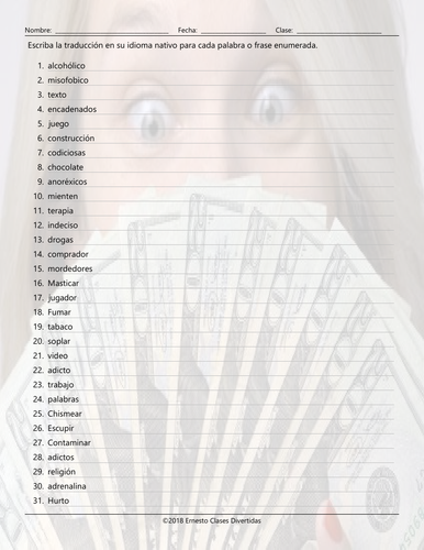 Bad Habits and Addictions Translating Spanish Worksheet | Teaching ...