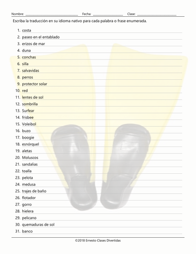 Beach Things and Activities Translating Spanish Worksheet | Teaching ...