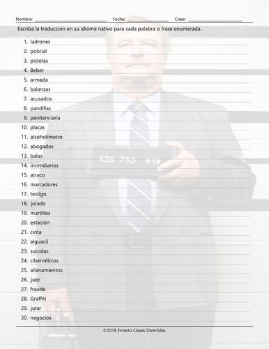 Crime, Law Enforcement, and Courts Translating Spanish Worksheet ...