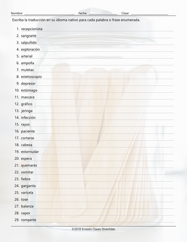 Doctor's, Illnesses, and Injuries Translating Spanish Worksheet ...