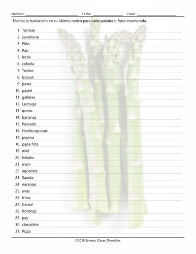 Food Items Translating Spanish Worksheet | Teaching Resources