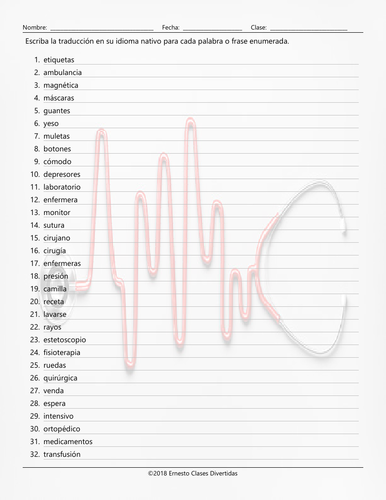 Hospitals and Injuries Translating Spanish Worksheet | Teaching Resources