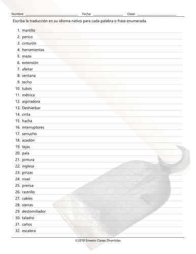 House Repairs, Tools, and Supplies Translating Spanish Worksheet ...