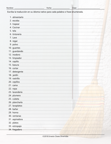 Household Chores and Cleaning Supplies Translating Spanish Worksheet ...