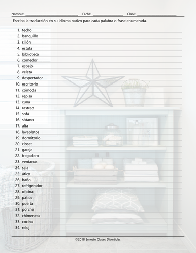 Houses, Rooms, Furniture, and Appliances Translating Spanish Worksheet ...