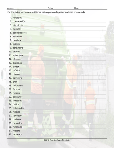 Jobs and Professions Translating Spanish Worksheet | Teaching Resources