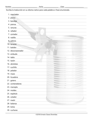 Kitchen Cookware and Utensils Translating Spanish Worksheet | Teaching ...