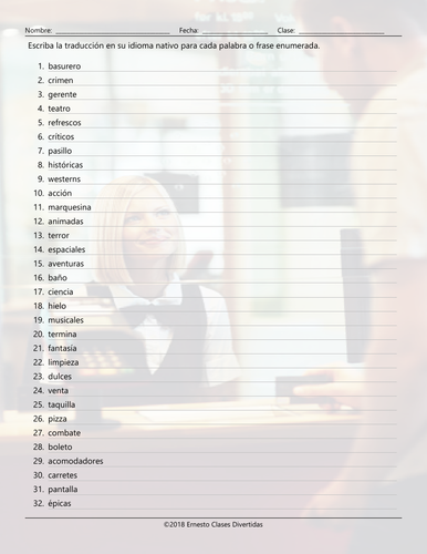 Movie Things and Genres Translating Spanish Worksheet | Teaching Resources