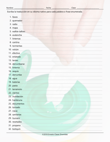Natural Disasters and Emergencies Translating Spanish Worksheet ...