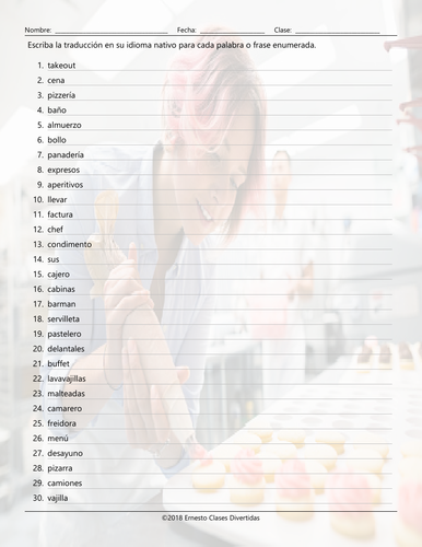 Restaurant Things and Activities Translating Spanish Worksheet ...