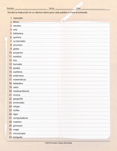 School Items, Places, and Subjects Translating Spanish Worksheet ...