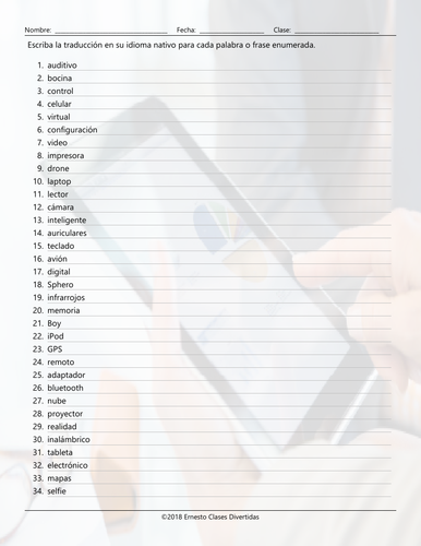 Technology and Gadgets Translating Spanish Worksheet | Teaching Resources