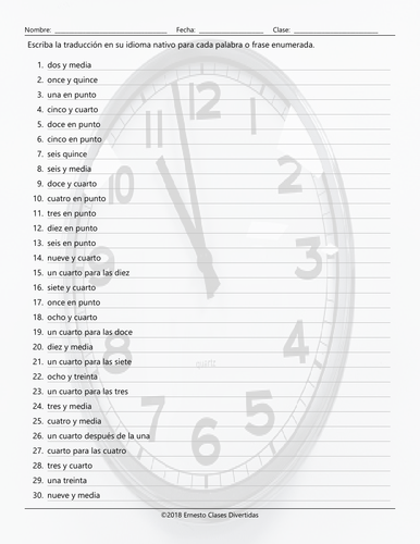Telling Time Translating Spanish Worksheet | Teaching Resources