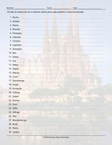 Tourist Attractions Around The World Translating Spanish Worksheet ...